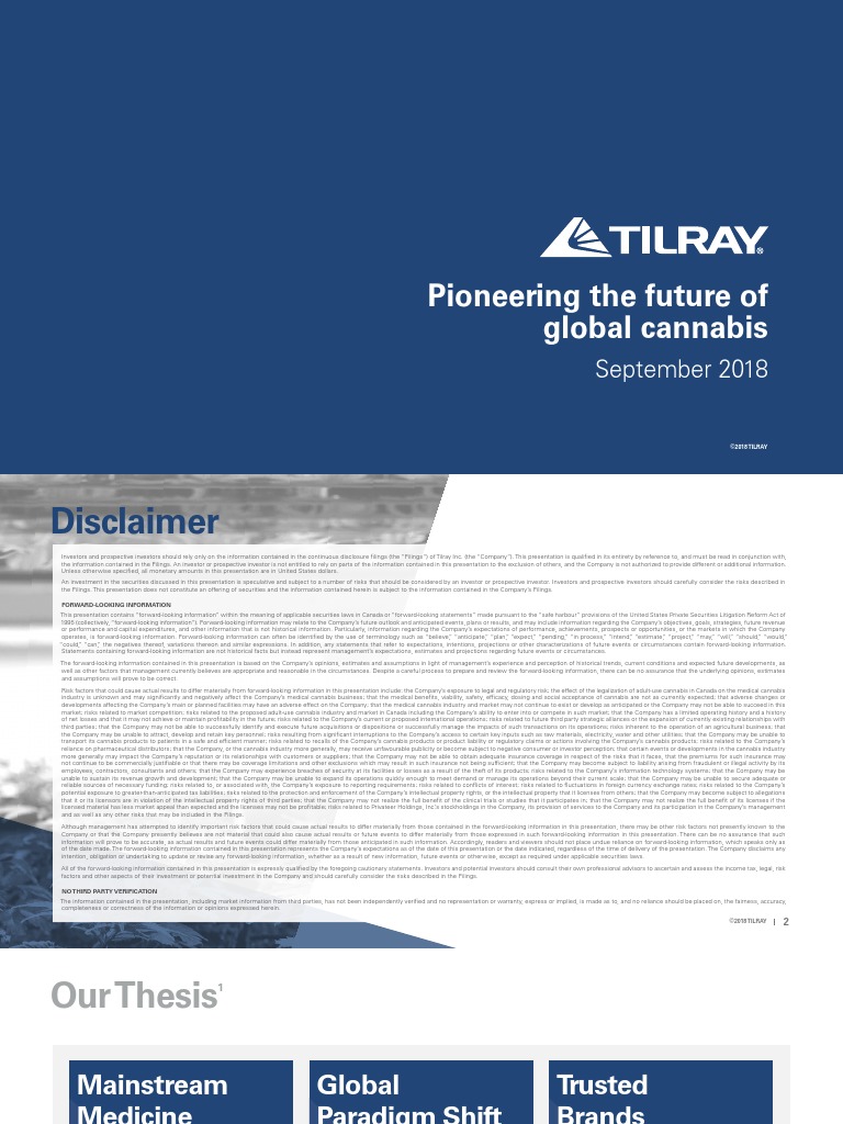 TLRY Tilray Sept 2018 Investor Presentation Slide Deck | PDF | Risk ...