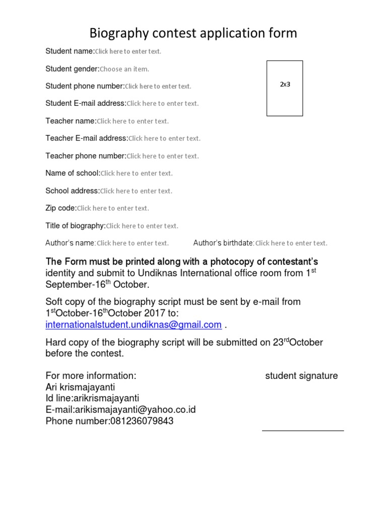 Biography Contest Application Form: Click Here To Enter Text | PDF