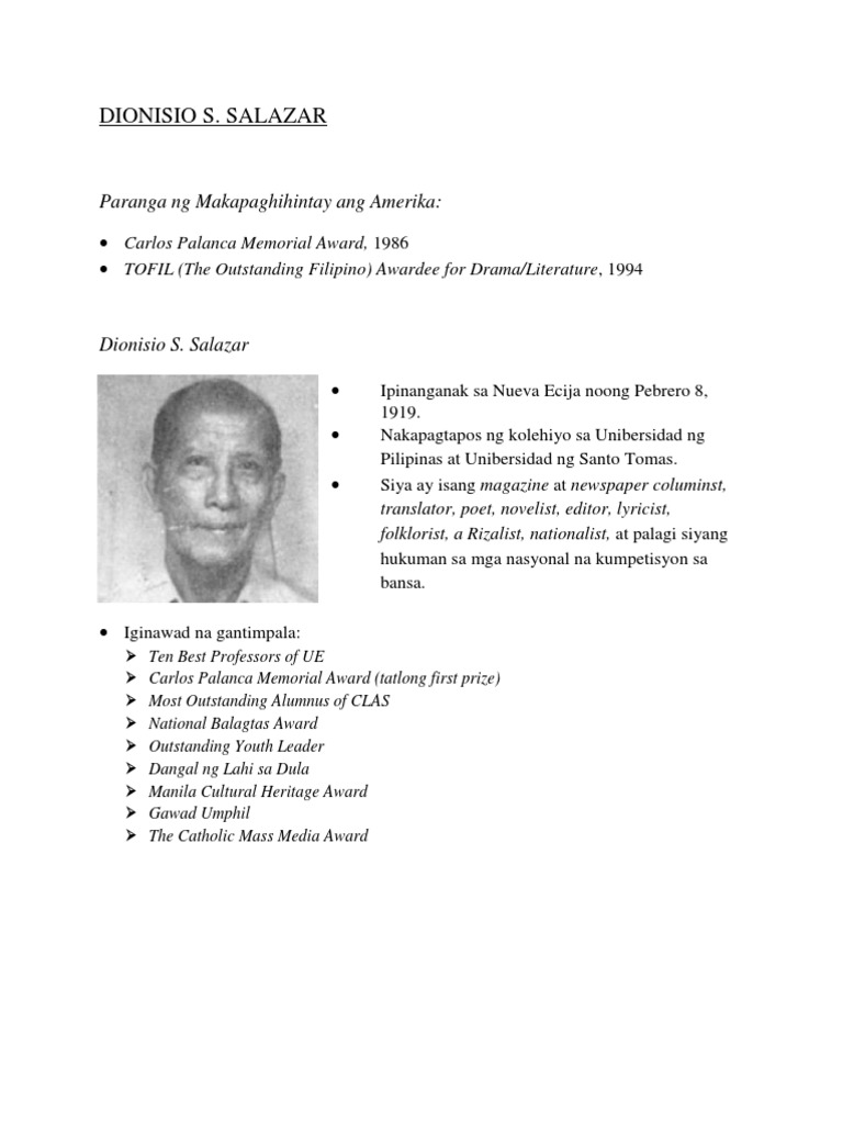 Maliit Na Kaalaman Tungkol Kay Dionisio S. Salazar | PDF