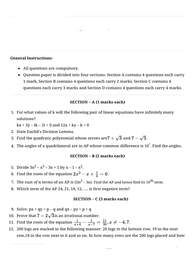 CBSE Class 10 Mathematics Kendriya Vidyalaya Gachibowli, Hyderabad ...