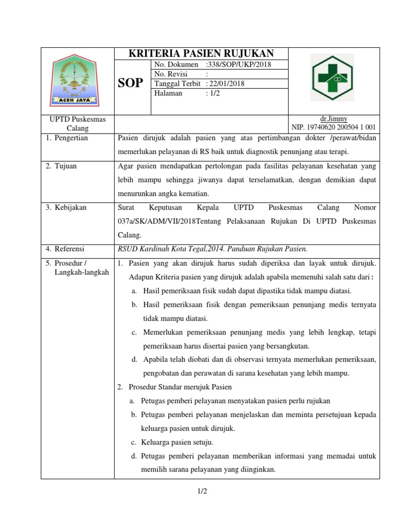 K 7.10.3 Ep 3 Sop Kriteria Pasien Rujukan | PDF