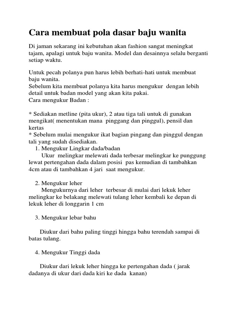 Cara Membuat Pola Dasar Baju Wanita | PDF | Metode & Bahan Ajar
