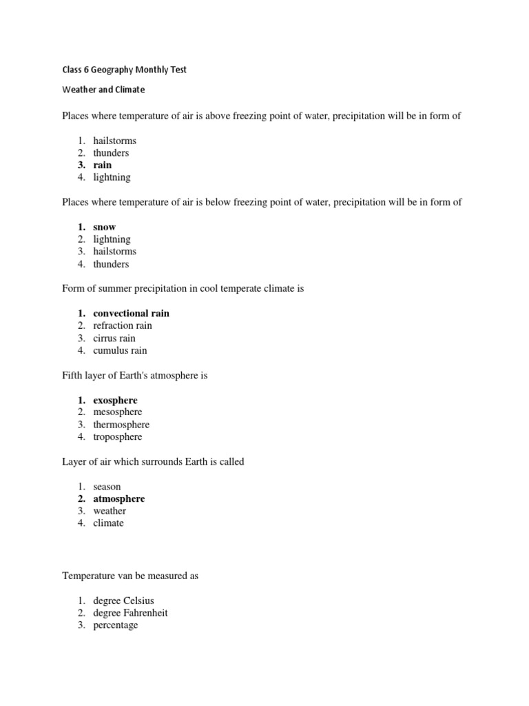 Class 6 Weather and Climate Quiz | PDF | Atmosphere Of Earth | Rain