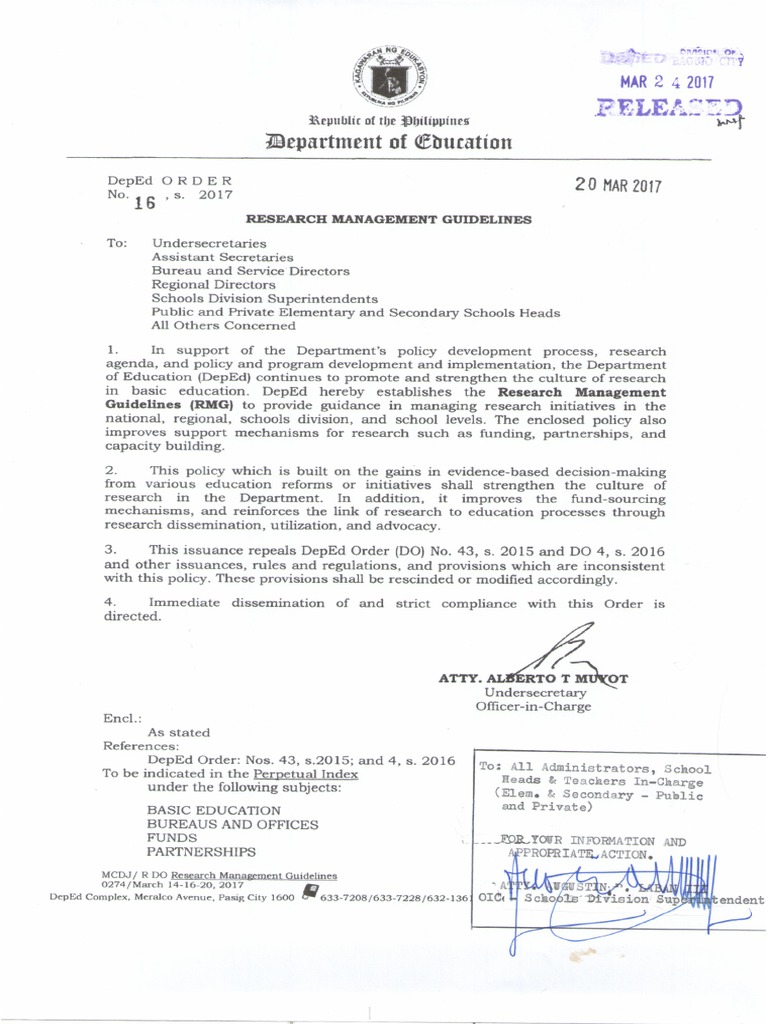 DepEd Order No. 16 S. 2017 Research Management Guidelines PDF | PDF