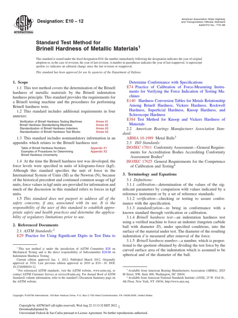 Astm E10-12 Standard Test Method For | PDF | Hardness | Materials
