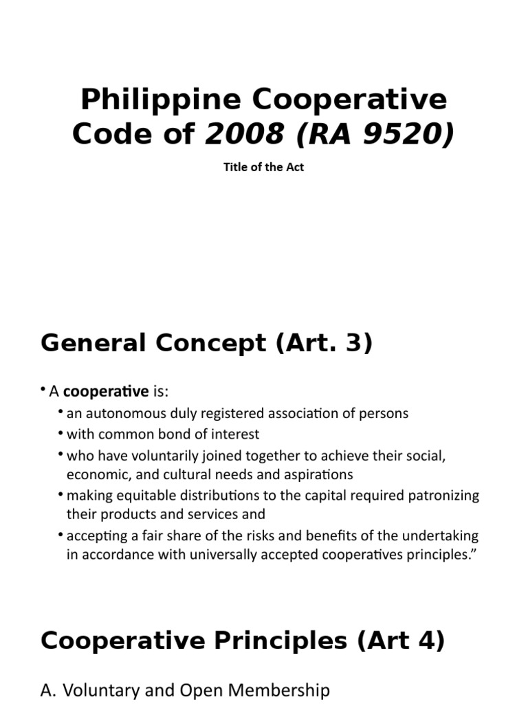 Philippine Cooperative Code of 2008 (RA 9520) : Title of The Act | PDF ...