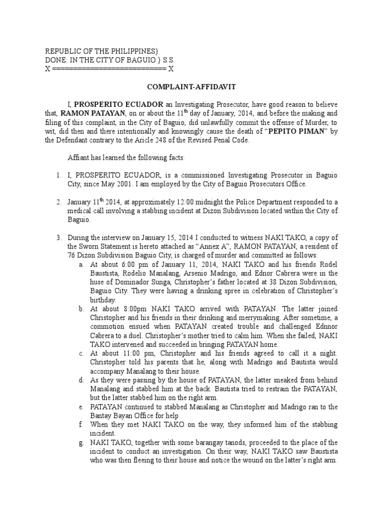 Complaint Affidavit for Murder Case | PDF | Public Law | Criminal Law