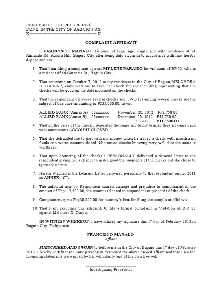 Complaint-Affidavit For BP 22 | PDF | Affidavit | Social Institutions