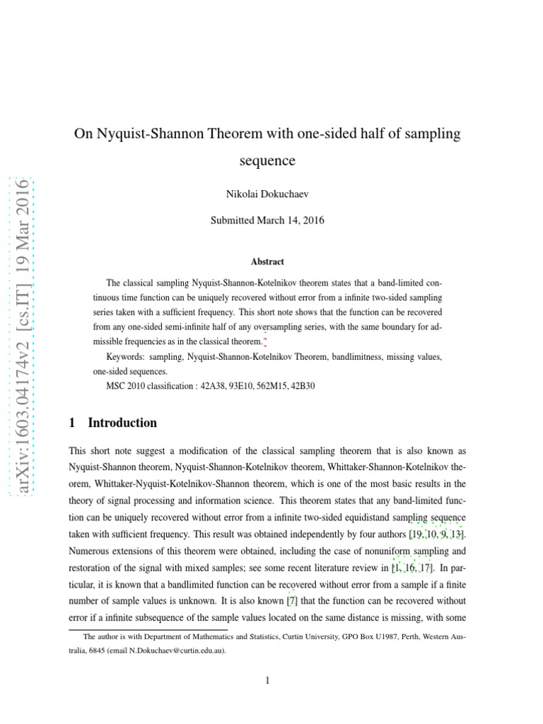 On Nyquist-Shannon Theorem With One-Sided Half of Sampling Sequence | PDF | Sampling (Signal ...