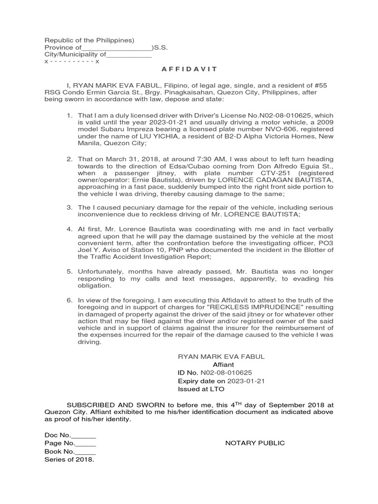 Complaint Affidavit Damages For Reckless Imprudence Resulting To Damage ...
