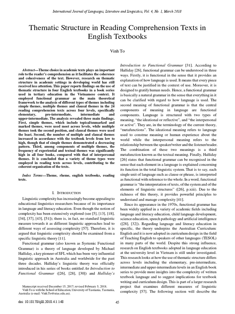 Thematic Structure in Reading Comprehension Text in English Textbooks ...