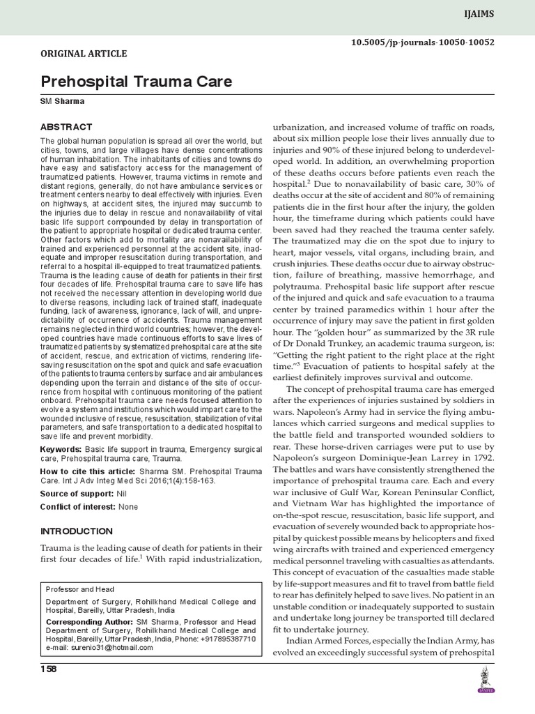 Prehospital Trauma Care PDF | PDF | Emergency Medical Services | Major ...