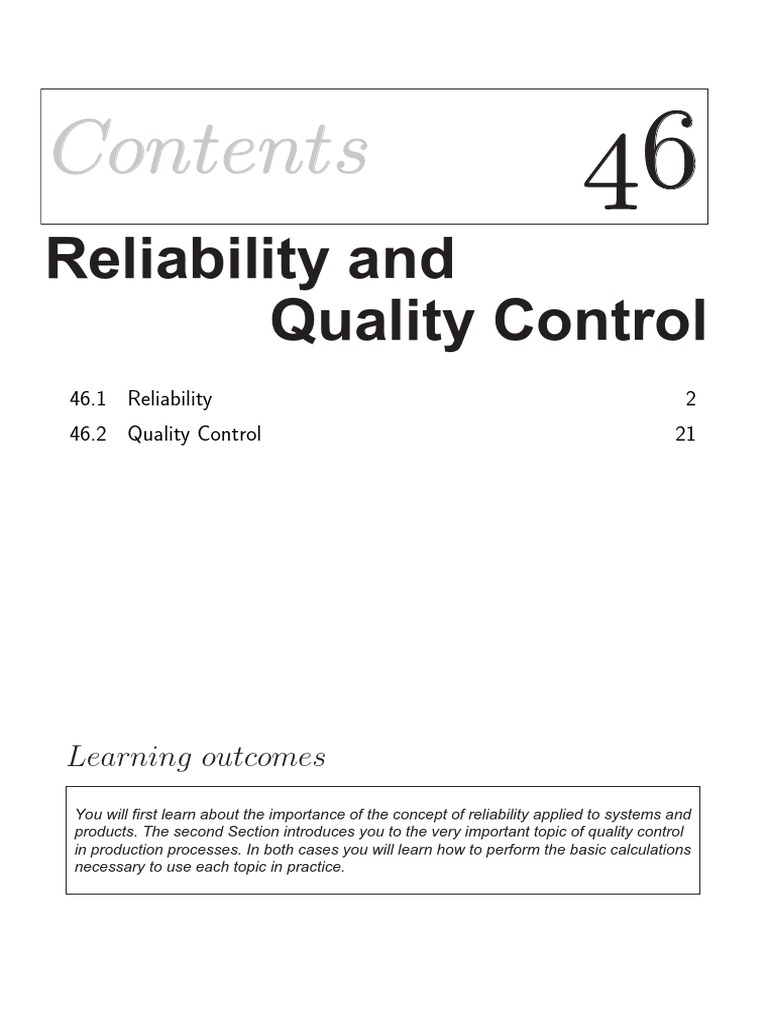 Quality Control Reliability And: Learning Outcomes | PDF | Reliability Engineering | Statistical ...