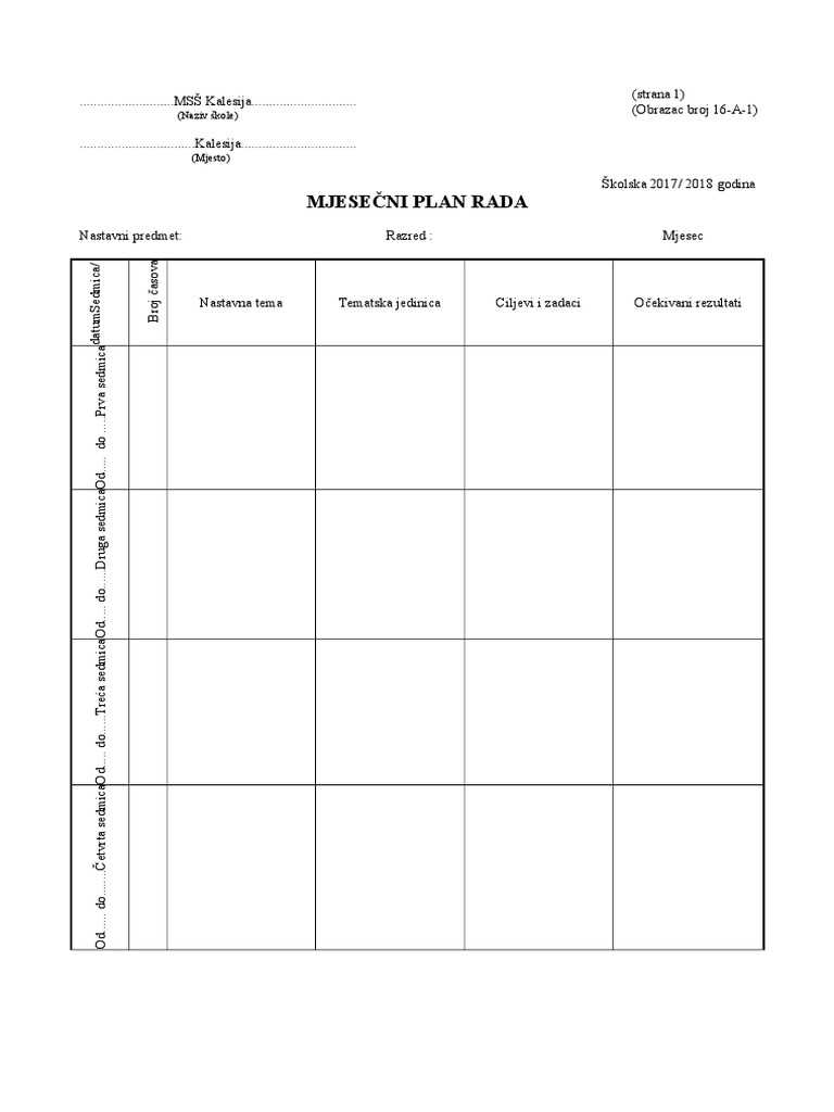 Mjesečni Plan Rada-Prazan | PDF