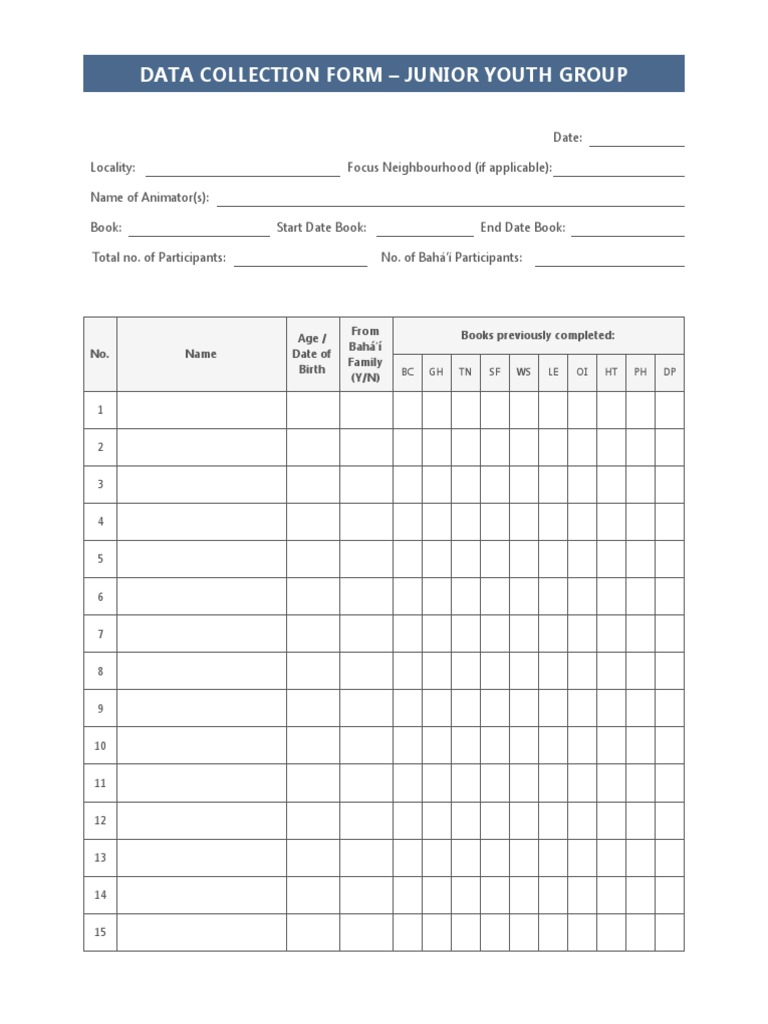 Junior Youth Group Data Collection Form | PDF