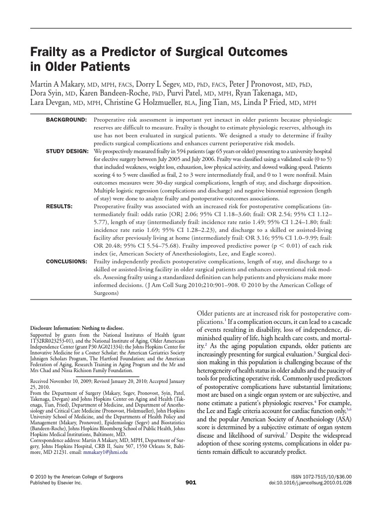 Fried Frailty Pred Surg Outcomes AmCSurg 10 | PDF | Receiver Operating ...