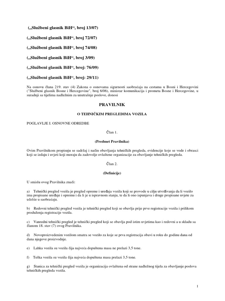 Pravilnik Teh Pregl Vozila Juli 12 PDF | PDF