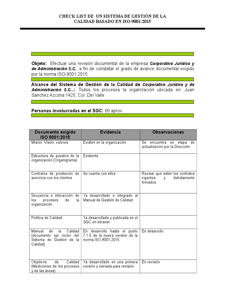 Check List Documental Iso 9001-2015 | Calidad (comercial) | Auditoría