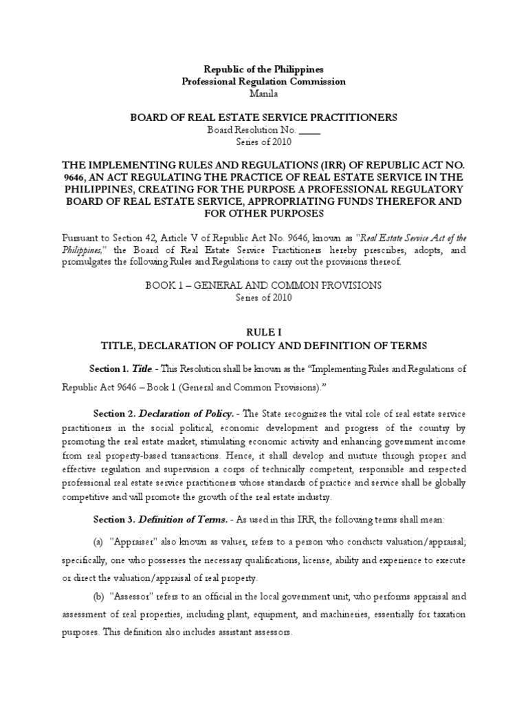 Implementing Rules of RA 9646 | PDF | Real Estate Appraisal | Licensure
