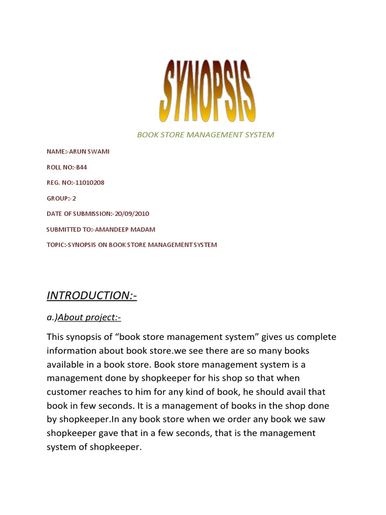 Book Store Management System Synopsis | PDF