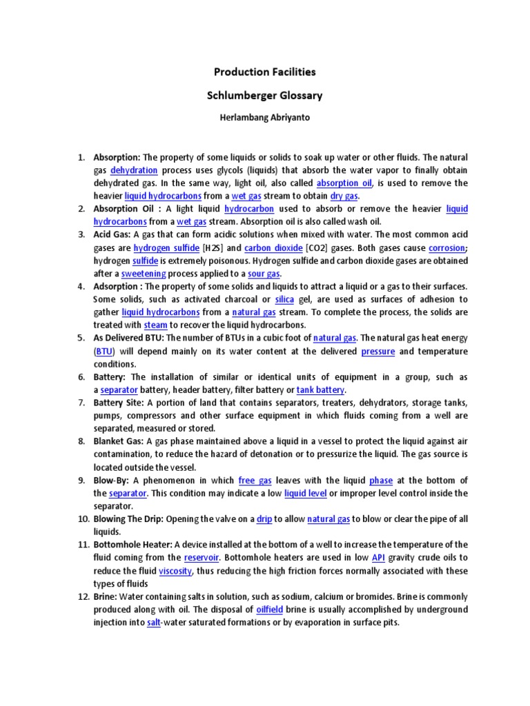 Production Facilities-Glossary Schlumberger PDF | PDF | Natural Gas ...