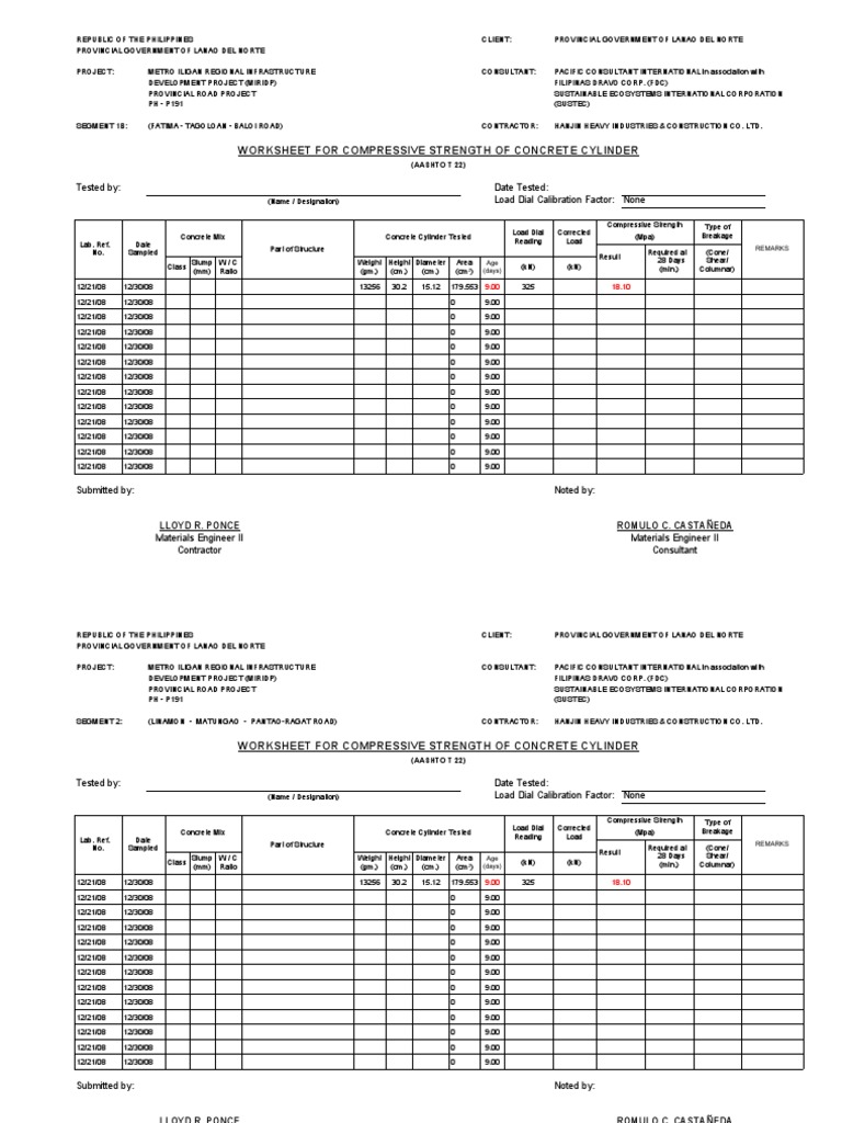 Compressive Strength Test Worksheet | Concrete | Civil Engineering