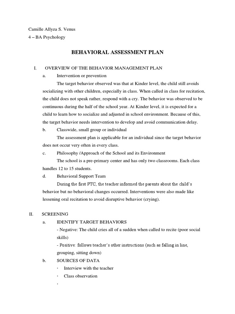 Behavior Assessment Plan | PDF | Reinforcement | Preschool