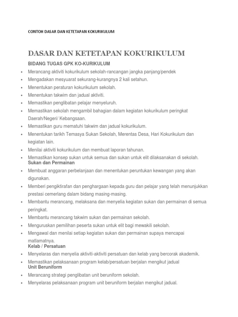 Contoh Dasar Dan Ketetapan Kokurikulum | PDF