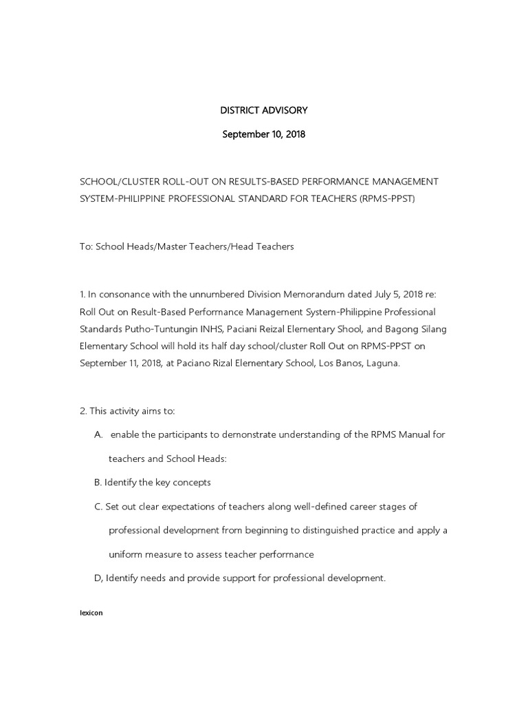 RPMS-PPST Training Roll-Out Details | PDF