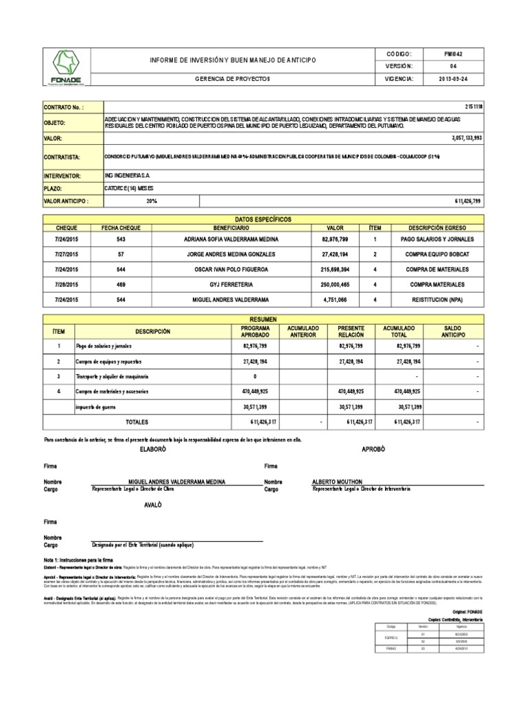 FMI042 - 2015 Informe de Inversion y Buen Manejo Del Anticipo | PDF ...