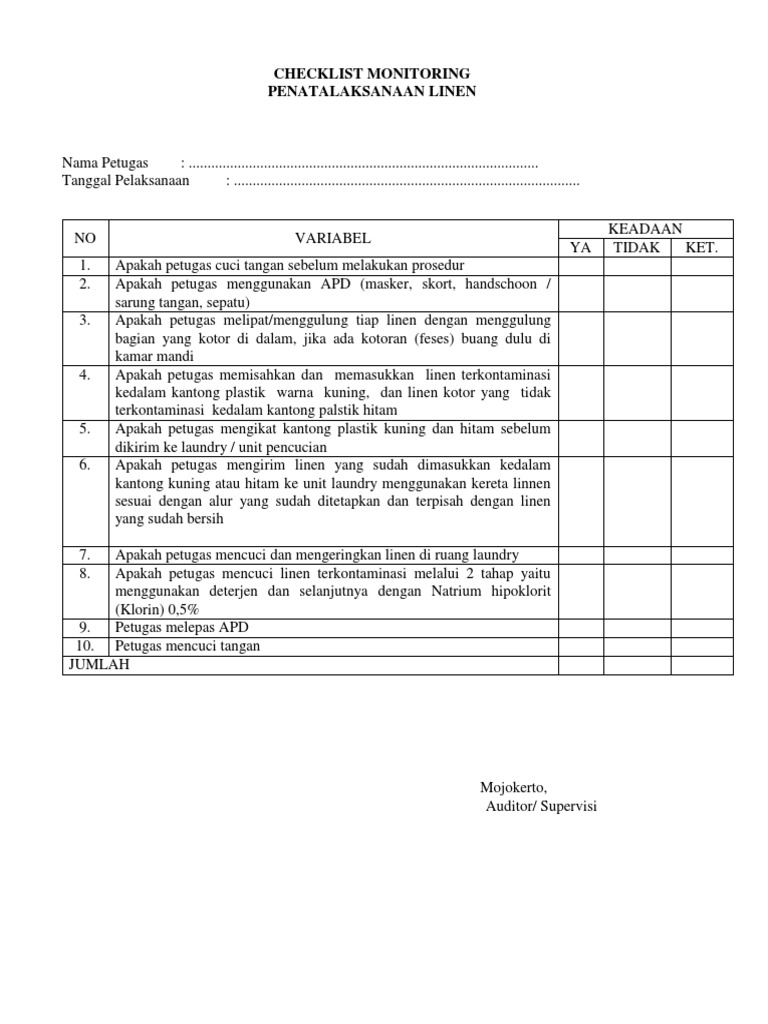 Checklist Monitoring Linen Rumah Sakit | PDF