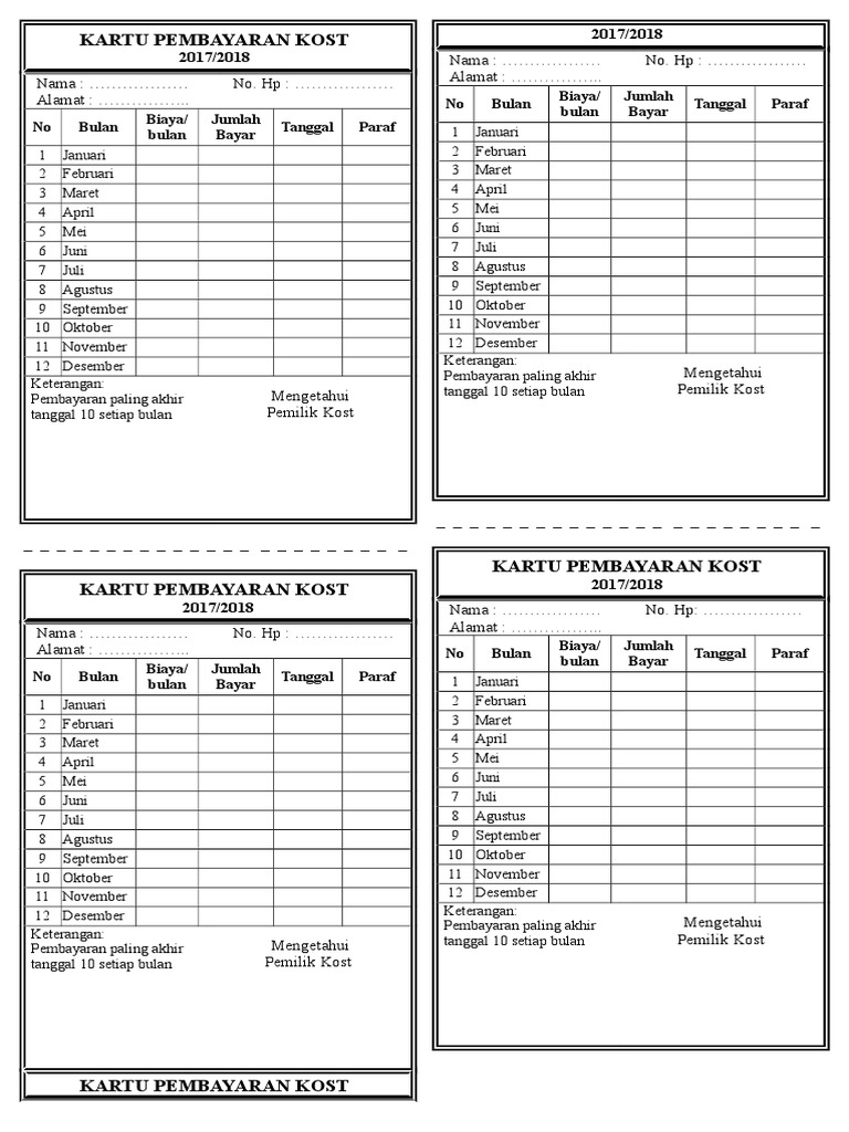 Kartu Pembayaran Kost | PDF