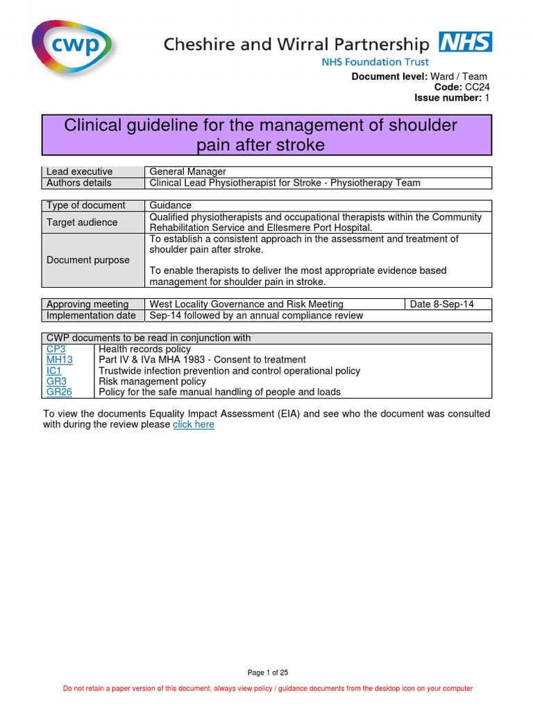 Clinical Guideline For The Management of Shoulder Pain After Stroke ...
