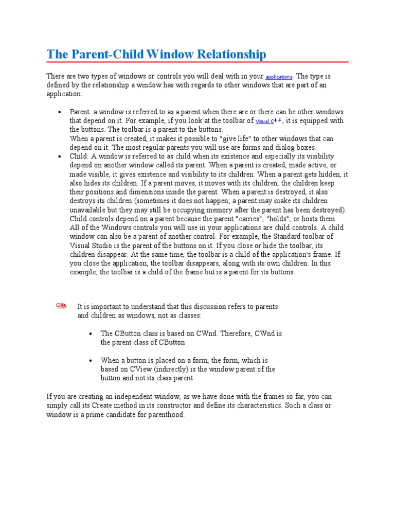 The Parent-Child Window Relationship: Applications | PDF | Dialog Box | System Software