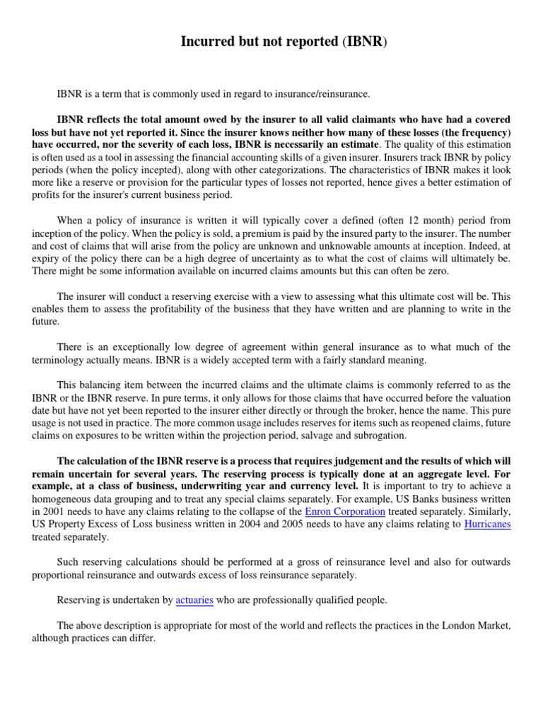 Incurred But Not Reported - IBNR | PDF | Reinsurance | Insurance