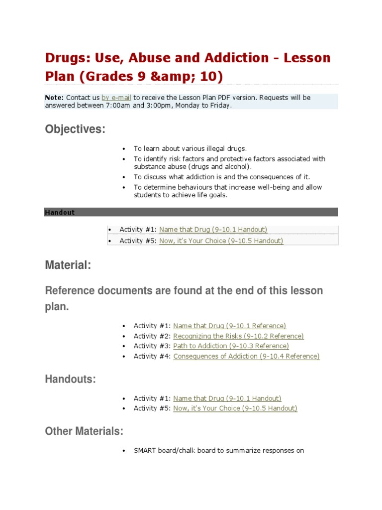 Drugs: Use, Abuse and Addiction - Lesson Plan (Grades 9 & 10) | PDF ...