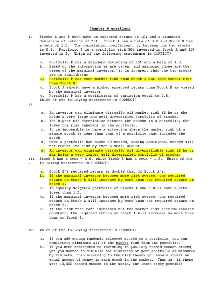 Chapter 6 MC Questions Soln. | PDF | Beta (Finance) | Capital Asset ...