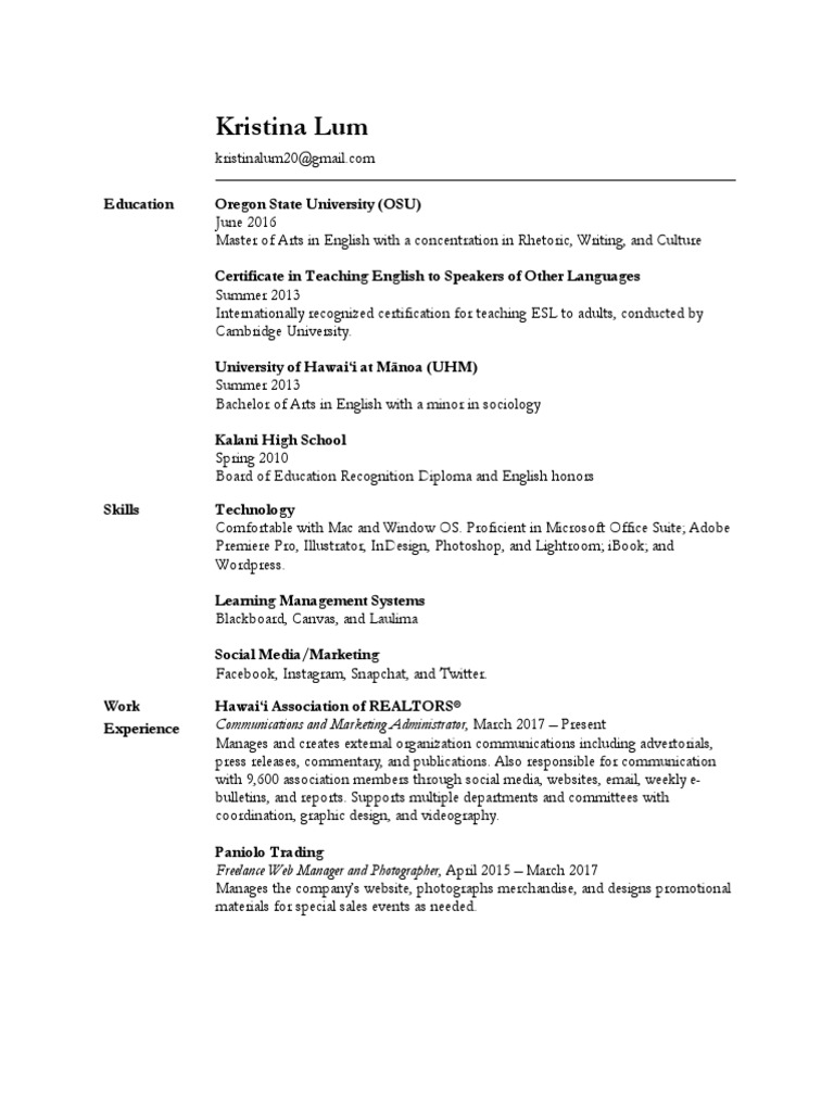 Kristina Lum Full CV | PDF | Teaching Assistant | Teachers