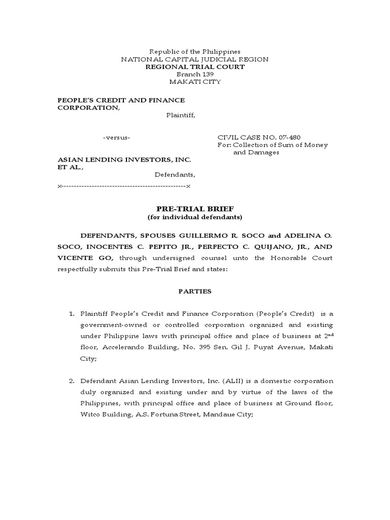 PRETRIAL BRIEF SAMPLE.v1 | PDF | Loans | Credit