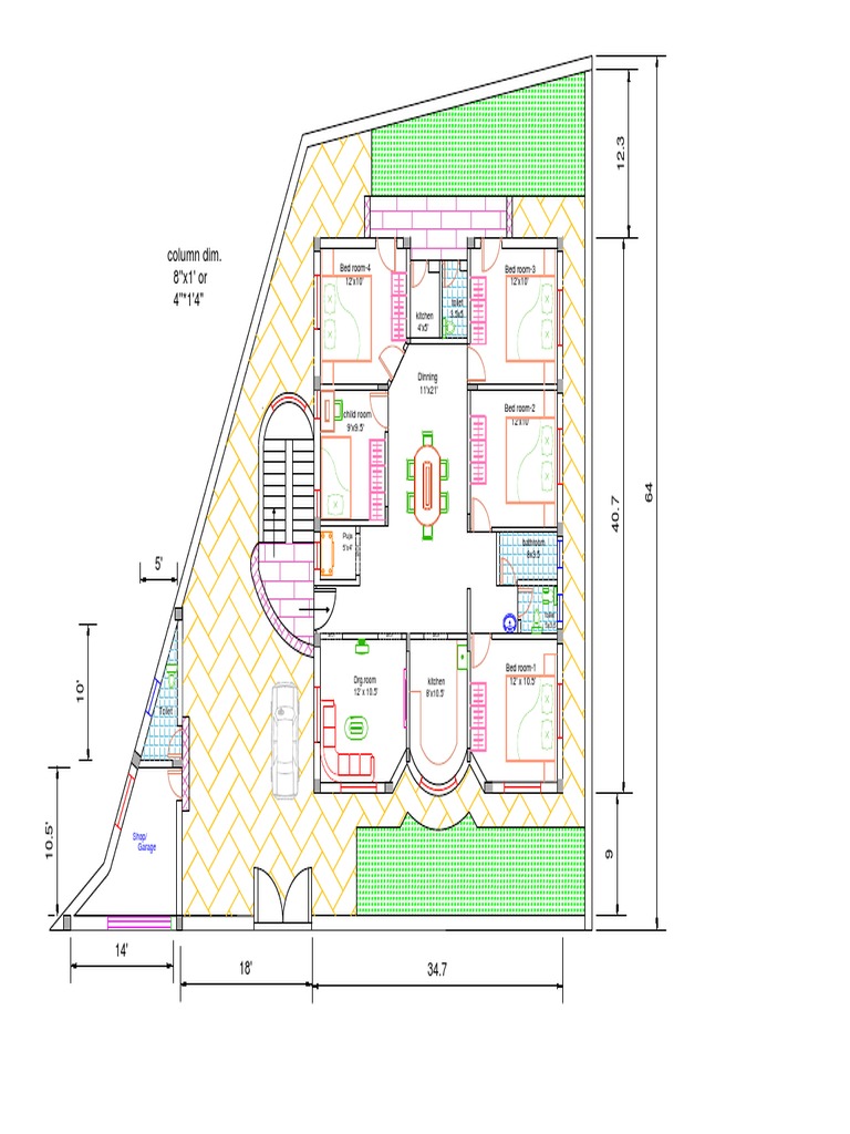 Column Dim. 8''x1' or 4'' 1'4": Bed Room-3 12'x10' Bed Room-4 12'x10' | PDF