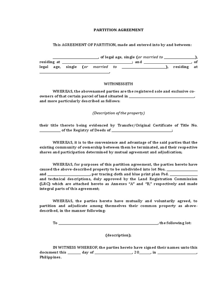 Partition Agreement: (Description of The Property) | PDF | Deed | Ownership