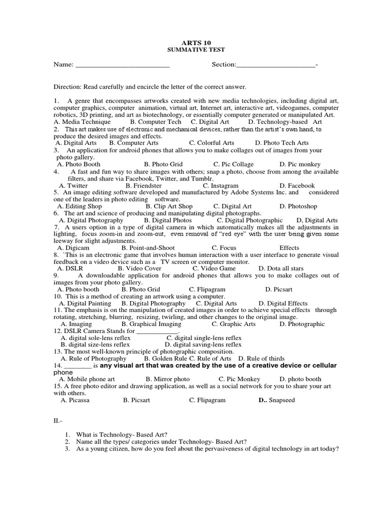 Arts 10 - Summative Test | PDF | Digital Photography | Image Editing