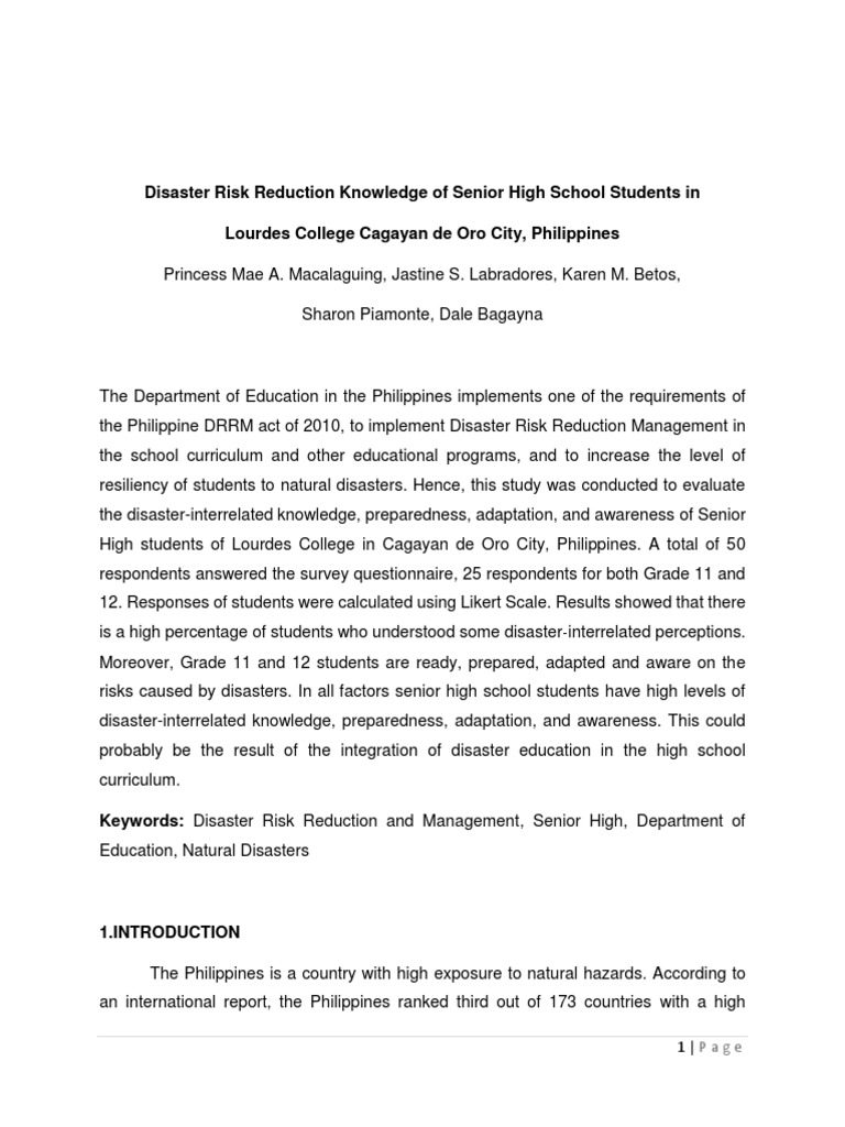 Disaster Risk Reduction Knowledge of Senior High School Students in ...