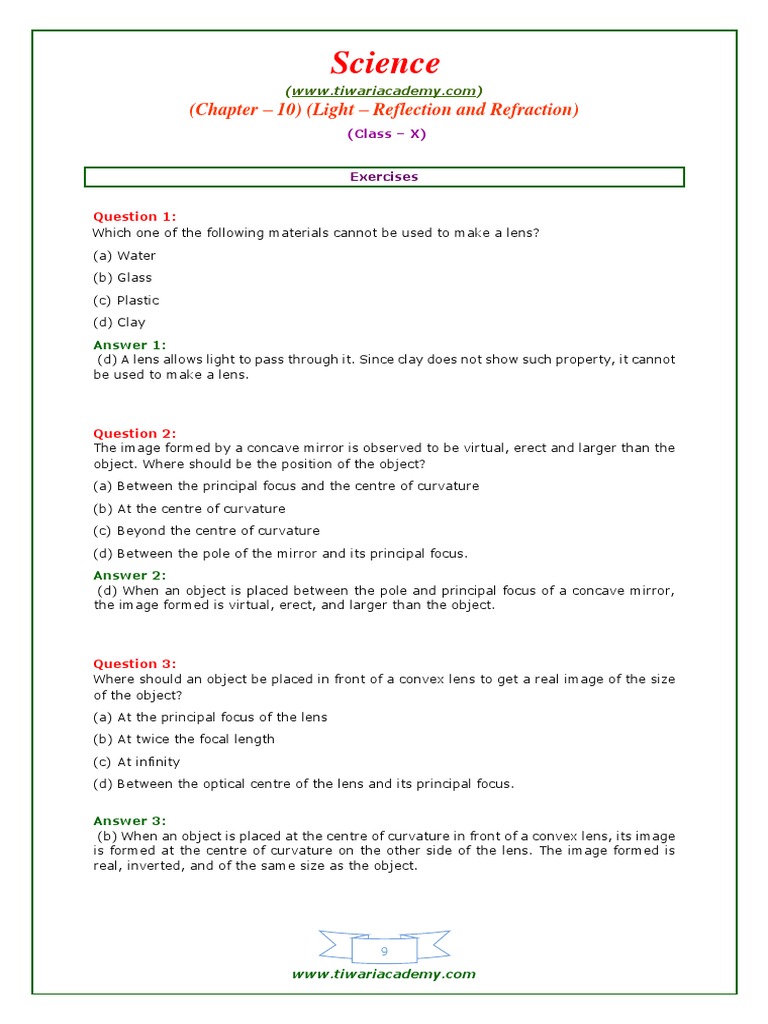 10 Science NcertSolutions Chapter 10 Exercises | PDF | Lens (Optics ...