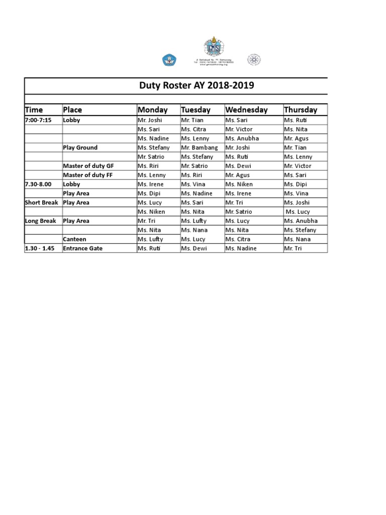 Teacher Duty Roster 2018-2019 | PDF