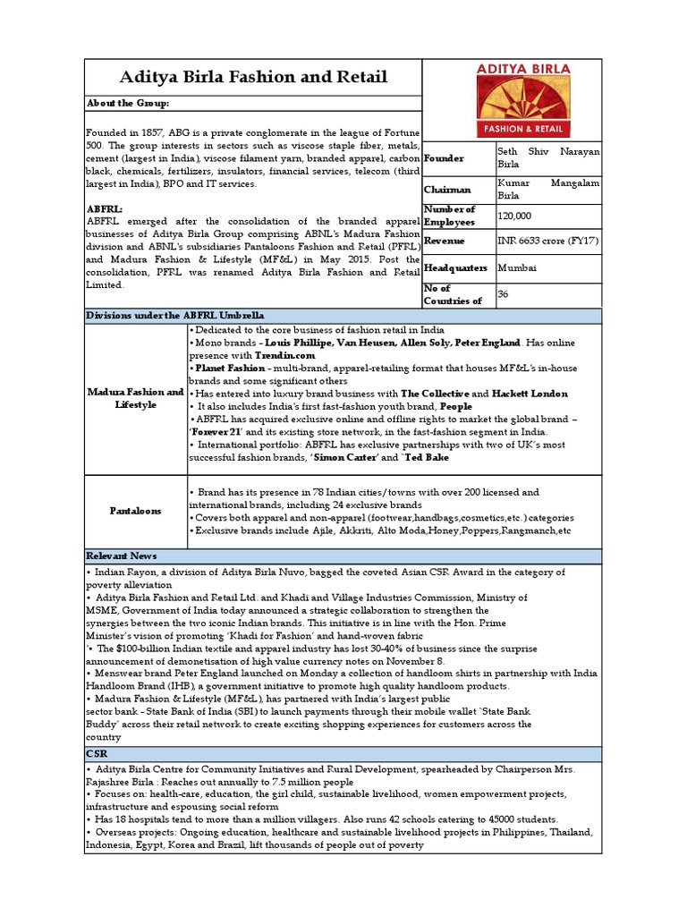 ABFRL Cheatsheet PDF | PDF | Textile And Clothing | Clothing