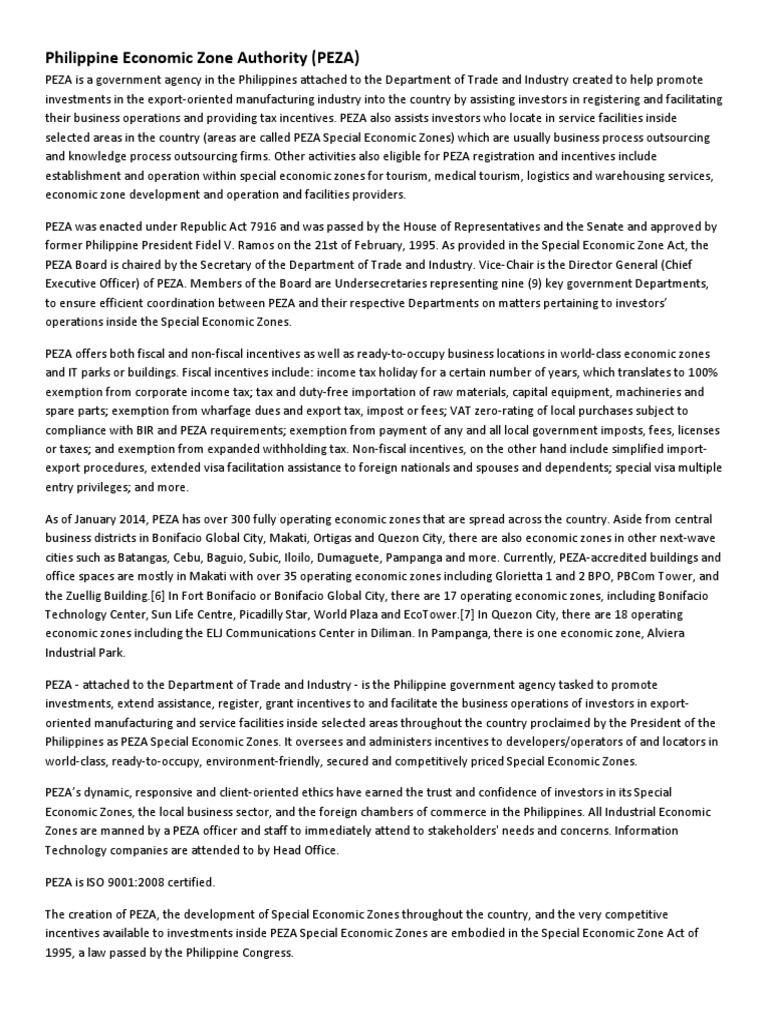 Philippine Economic Zone Authority (PEZA) | PDF | Earnings | Economies