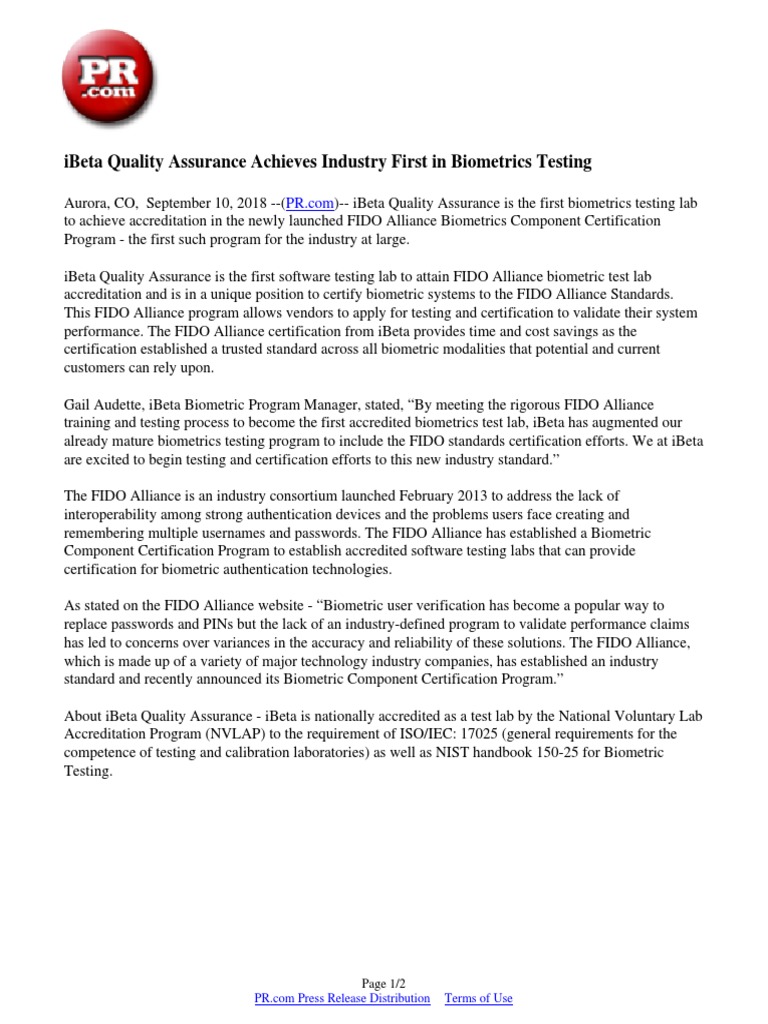 iBeta Achieves FIDO Biometrics First | PDF | Authentication | Biometrics
