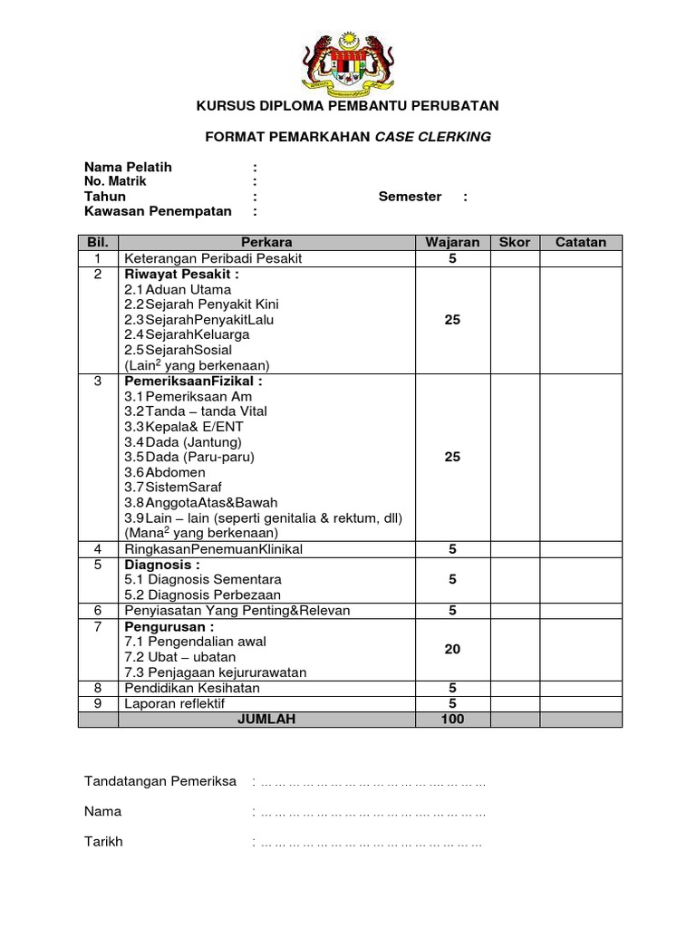 Format Pemarkahan Case Clerking | PDF
