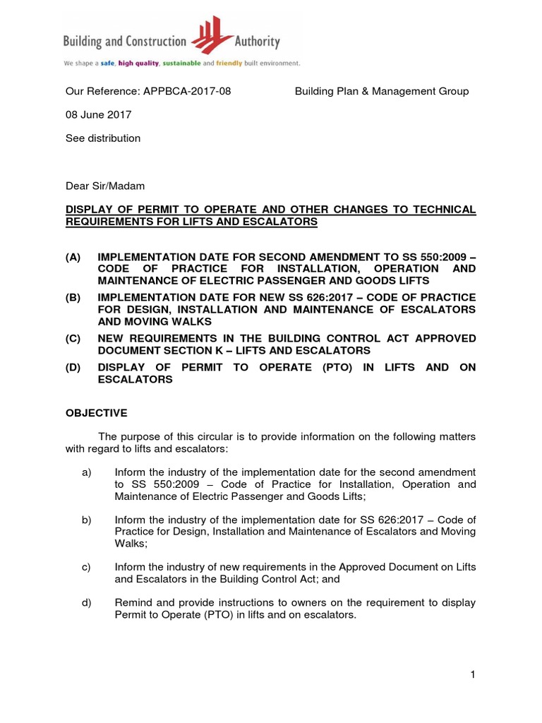 Circular On Display of Pto and Technical Requirements For Lifts and ...